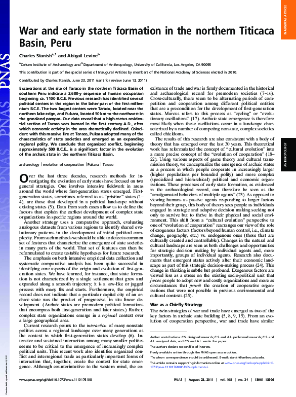 (PDF) War and early state formation in the northern Titicaca Basin, Peru
