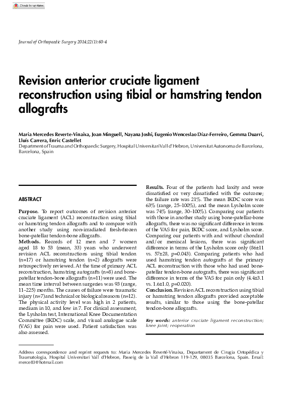 (PDF) Revision Anterior Cruciate Ligament Reconstruction Using Tibial or Hamstring Tendon Allografts