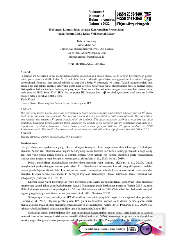 (PDF) Hubungan Literasi Sains dengan Keterampilan Proses Sains pada ...
