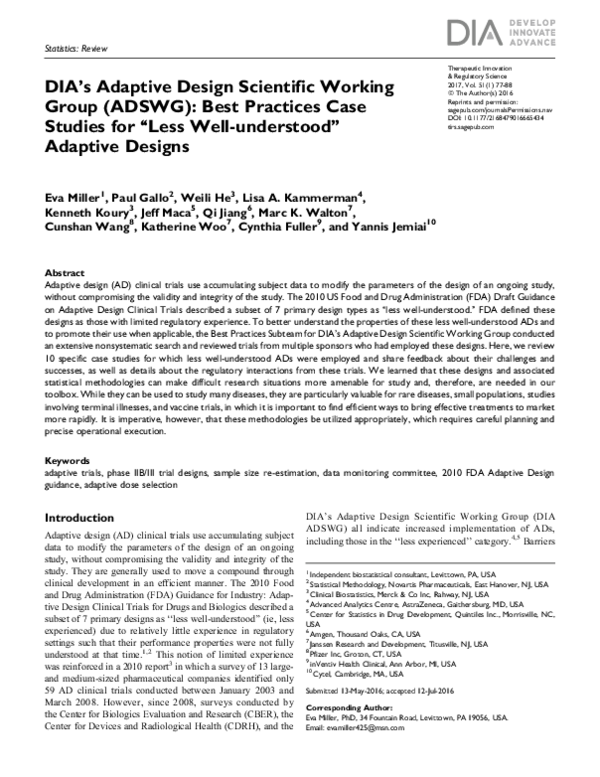 (PDF) DIA’s Adaptive Design Scientific Working Group (ADSWG): Best ...