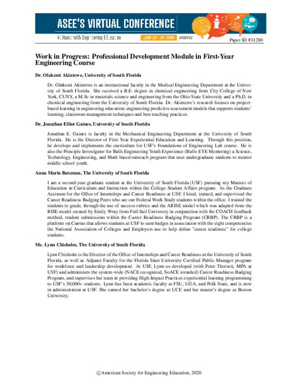 (PDF) Work in Progress: Professional Development Module in First-year ...
