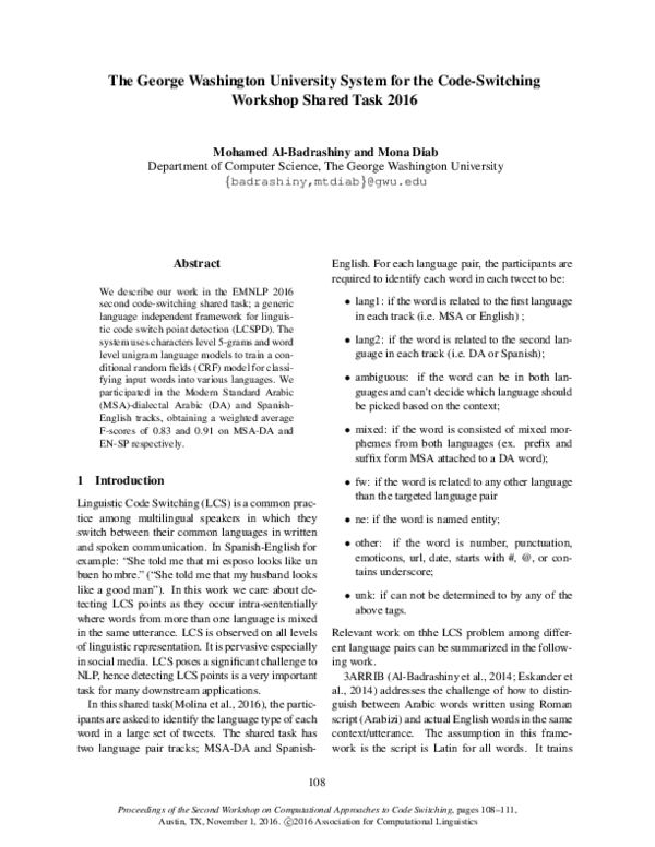 Pdf The George Washington University System For The Code Switching Workshop Shared Task 2016