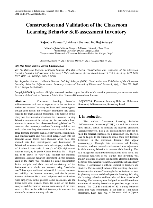 (PDF) Construction and Validation of the Classroom Learning Behavior Self-assessment Inventory