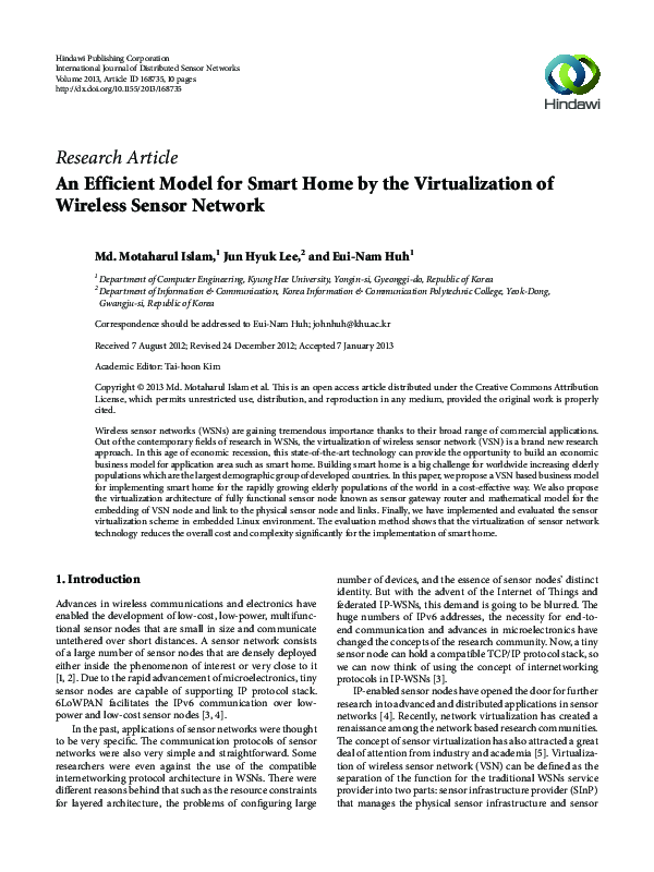 Pdf An Efficient Model For Smart Home By The Virtualization Of Wireless Sensor Network