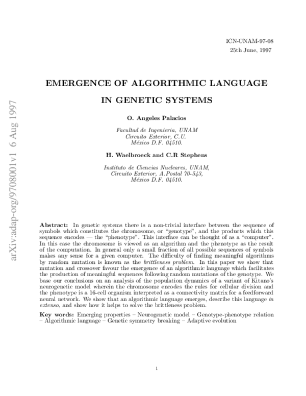 (PDF) Emergence of Algorithmic Languages in Genetic Systems