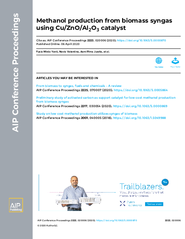 (PDF) Methanol production from biomass syngas using Cu/ZnO/Al2O3 catalyst