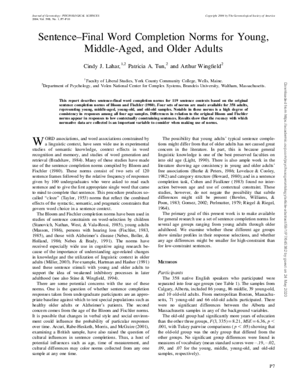 (PDF) Sentence-Final Word Completion Norms for Young, Middle-Aged, and ...