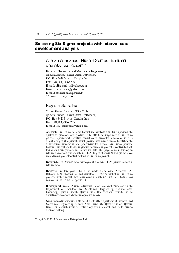 (PDF) Selecting Six Sigma projects with interval data envelopment analysis