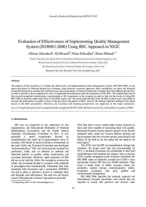 (PDF) Evaluation of Effectiveness of Implementing Quality Management System (ISO9001:2000) Using ...