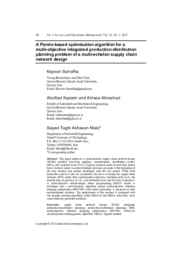 (PDF) A Pareto-based optimization algorithm for a multi-objective integrated production ...