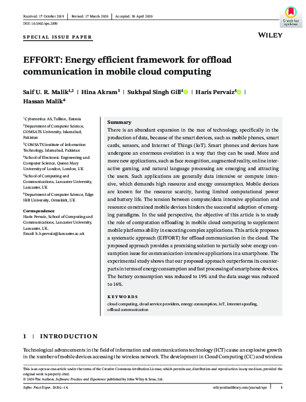 (PDF) EFFORT : Energy efficient framework for offload communication in mobile cloud computing