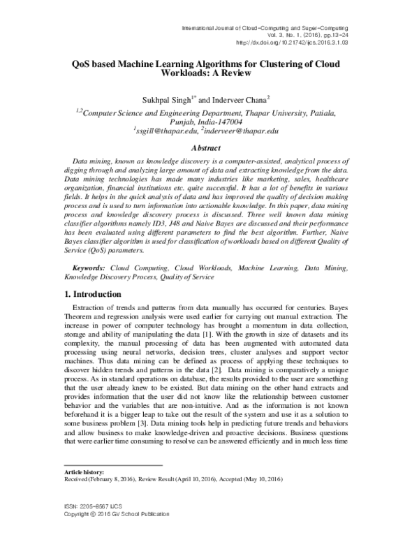 (PDF) QoS based Machine Learning Algorithms for Clustering of Cloud Workloads: A Review