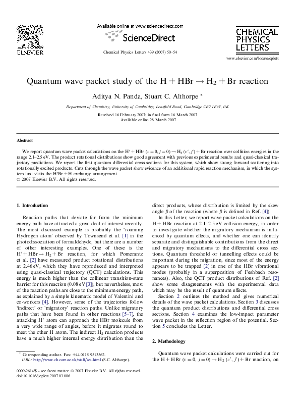 (PDF) Quantum wave packet study of the H+HBr→H2+Br reaction
