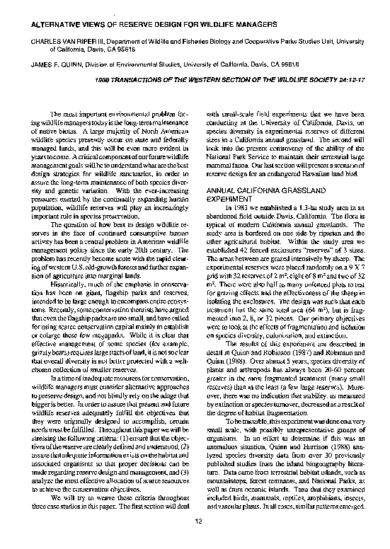 (PDF) Alternative Views of Reserve Design for Wildlife Managers ...