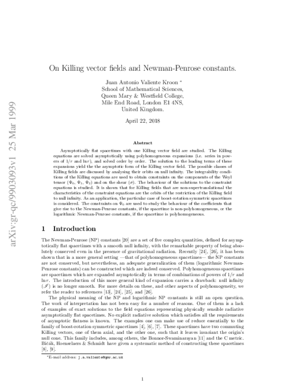 (PDF) On Killing vector fields and Newman–Penrose constants | Juan ...