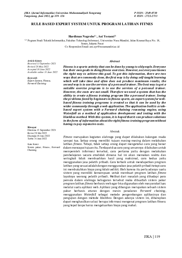 (PDF) Rule Based Expert System untuk Program Latihan Fitness
