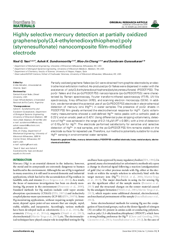 Pdf Highly Selective Mercury Detection At Partially Oxidized Graphene Poly 3 4