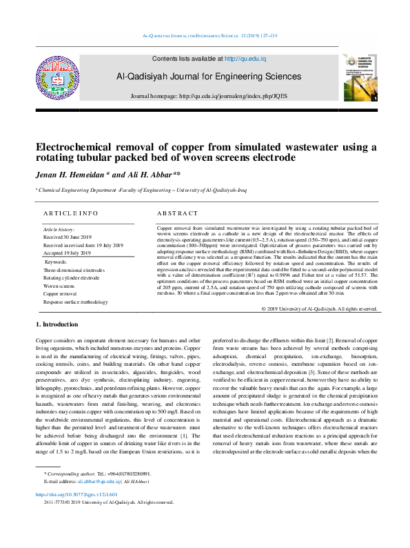 (PDF) Electrochemical removal of copper from a simulated wastewater ...