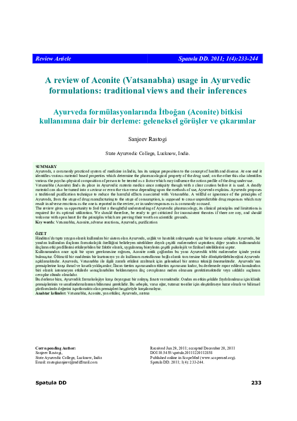 (PDF) A review of Aconite (Vatsanabha) usage in Ayurvedic formulations ...