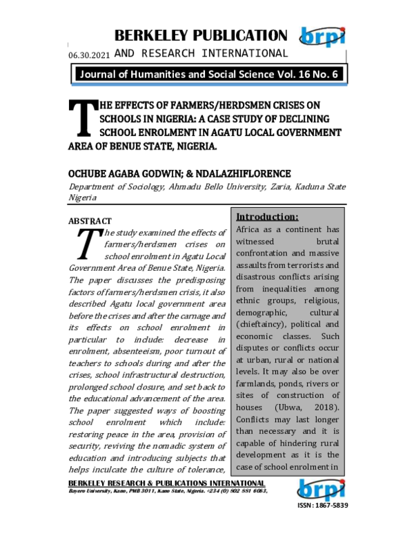 (PDF) HE EFFECTS OF FARMERS/HERDSMEN CRISES ON SCHOOLS IN NIGERIA: A ...
