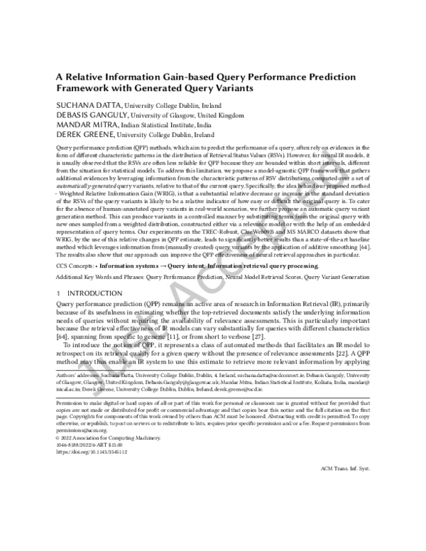 Pdf A Relative Information Gain Based Query Performance Prediction Framework With Generated 