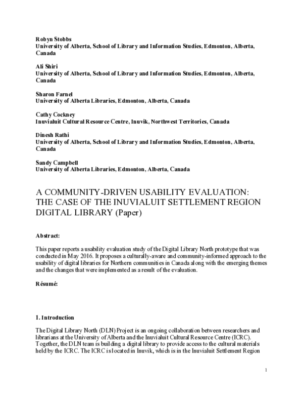 (PDF) A Community-Driven Usability Evaluation: The Case of the Inuvialuit Settlement Region ...