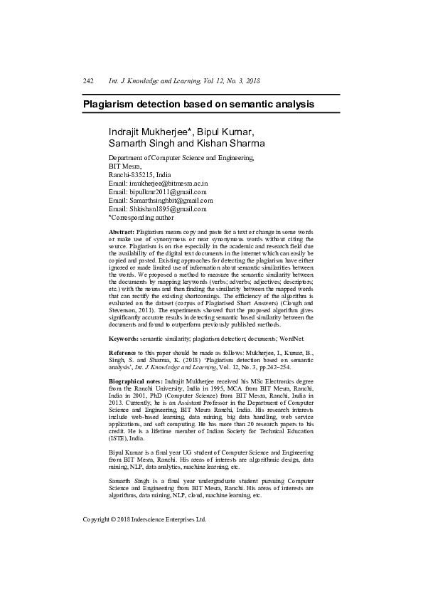 (PDF) Plagiarism detection based on semantic analysis