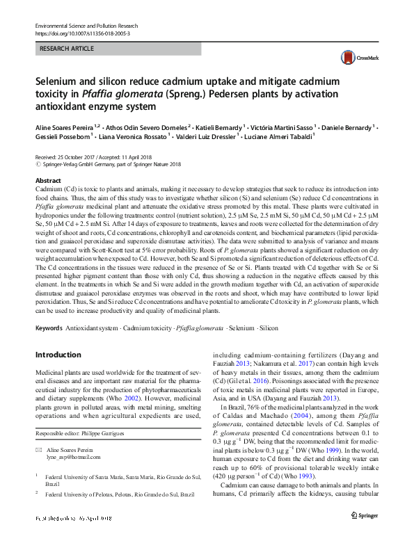 Pdf Selenium And Silicon Reduce Cadmium Uptake And Mitigate Cadmium Toxicity In Pfaffia