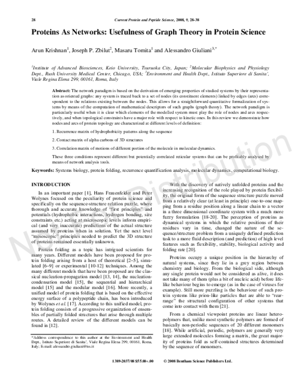 (PDF) Proteins As Networks: Usefulness of Graph Theory in Protein Science