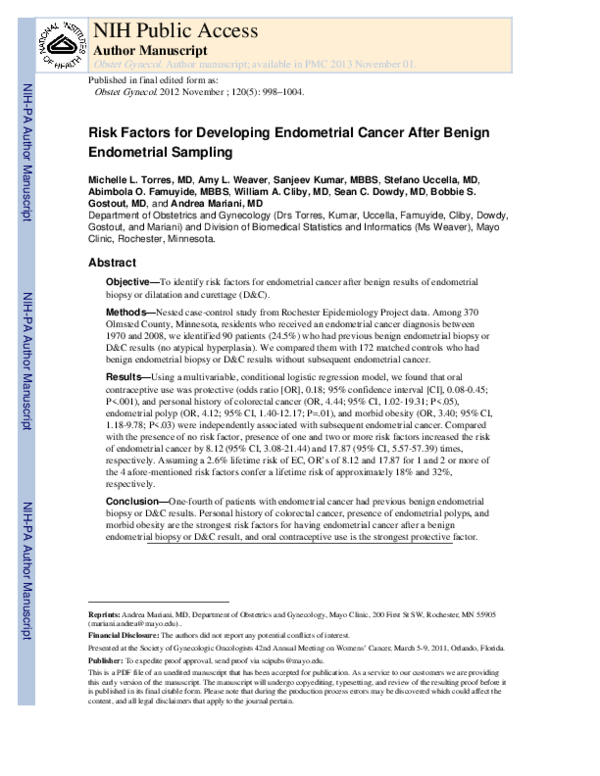 Pdf Risk Factors For Developing Endometrial Cancer After Benign Endometrial Sampling