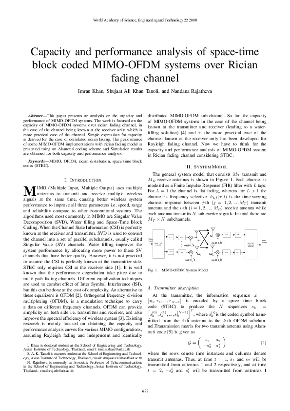 Pdf Capacity And Performance Analysis Of Space Time Block Coded Mimo