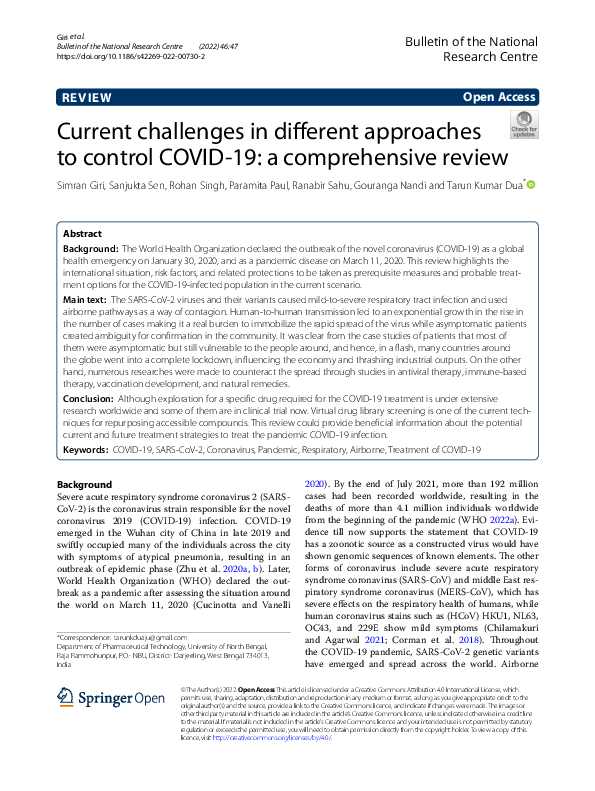 (PDF) Current challenges in different approaches to control COVID-19: a ...