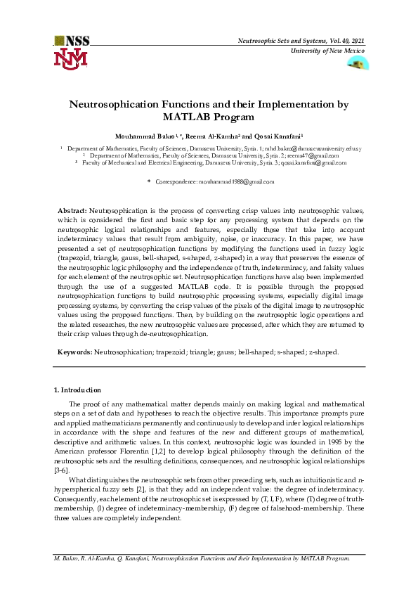 (PDF) Neutrosophication Functions and their Implementation by MATLAB Program