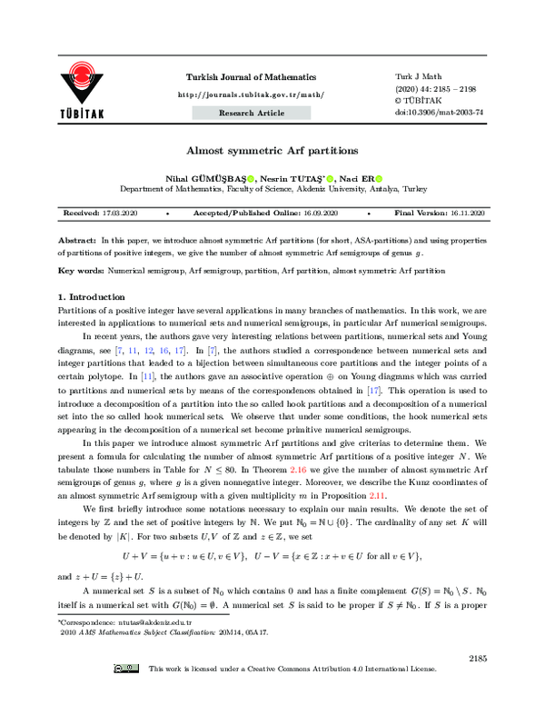 (PDF) Almost symmetric Arf partitions