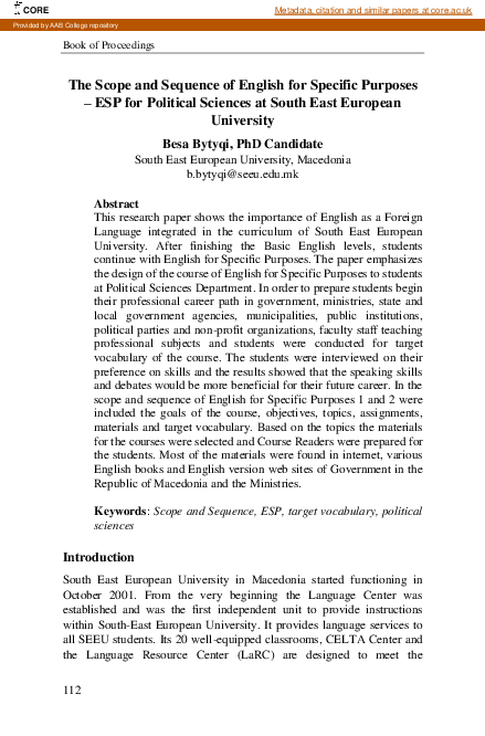(PDF) The Scope and Sequence of English for Specific Purposes – ESP for ...