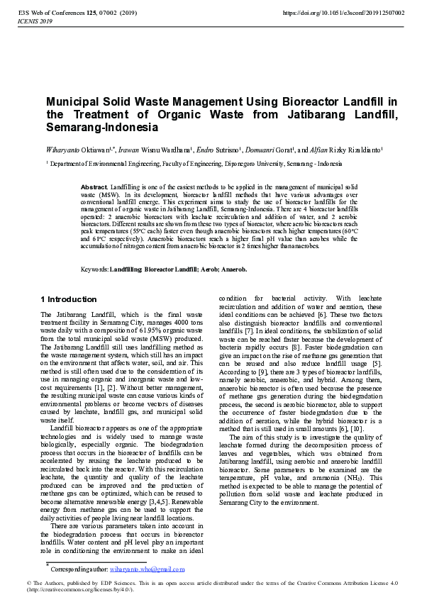 (PDF) Municipal Solid Waste Management Using Bioreactor Landfill in the ...