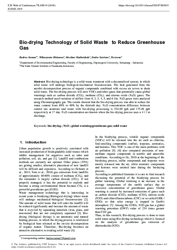 (PDF) Bio-drying Technology of Solid Waste to Reduce Greenhouse Gas ...