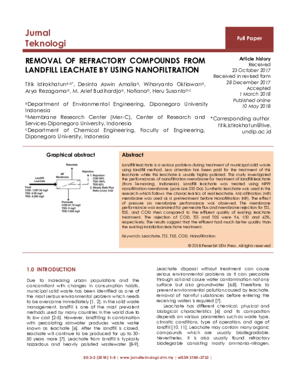 (PDF) Removal of Refractory Compounds from Landfill Leachate by Using Nanofiltration