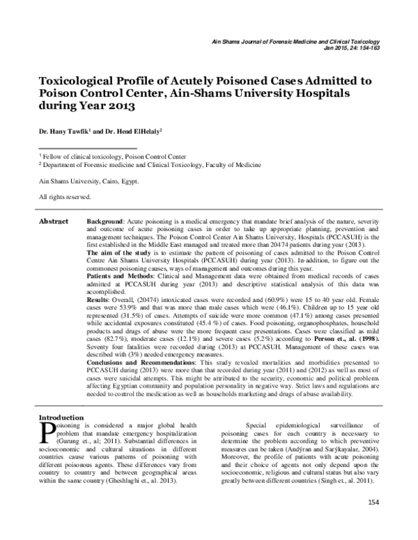 (PDF) Toxicological Profile of Acutely Poisoned Cases Admitted to ...