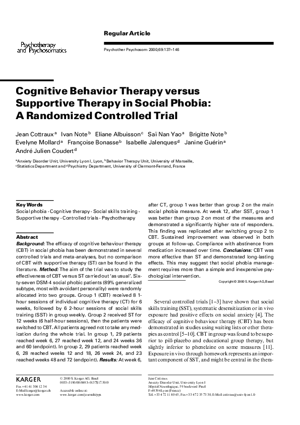 (PDF) Cognitive Behavior Therapy versus Supportive Therapy in Social Phobia: A Randomized ...