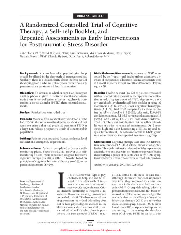(PDF) A Randomized Controlled Trial of Cognitive Therapy, a Self-help Booklet, and Repeated ...