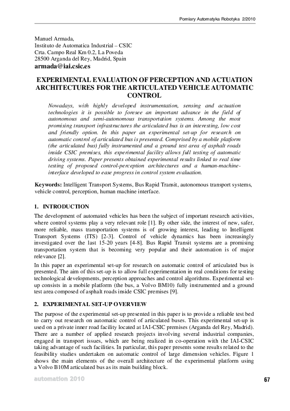 Pdf Experimental Evaluation Of Perception And Actuation Architectures For The Articulated