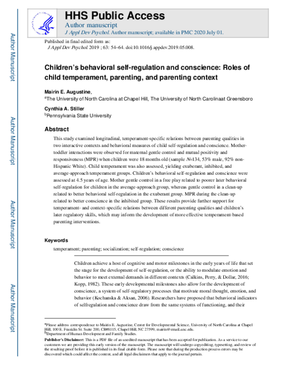 (PDF) Children's behavioral self-regulation and conscience: Roles of ...