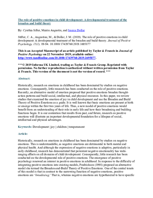 The role of positive emotions in child development: A developmental ...