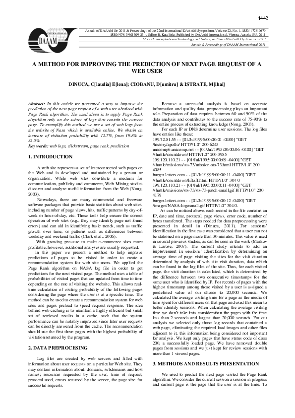 (PDF) A Method for Improving the Prediction of Next Page Request of a Web User