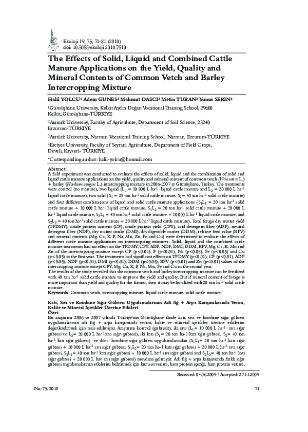 (PDF) The Effects of Solid, Liquid and Combined Cattle Manure Applications on the Yield, Quality ...