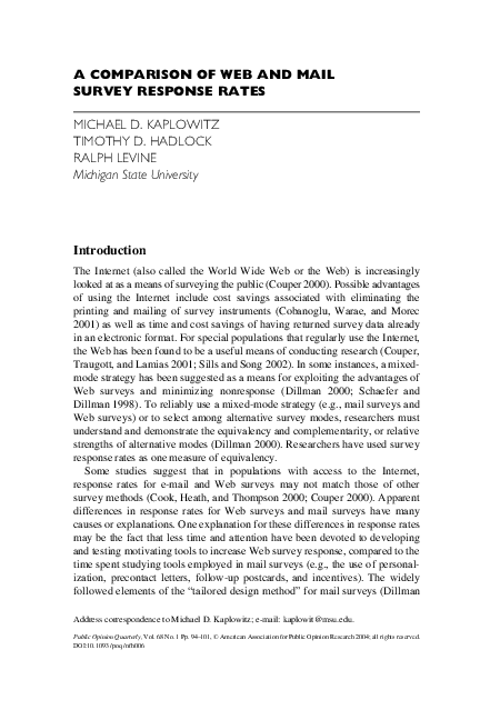 (PDF) A Comparison of Web and Mail Survey Response Rates | Michael ...