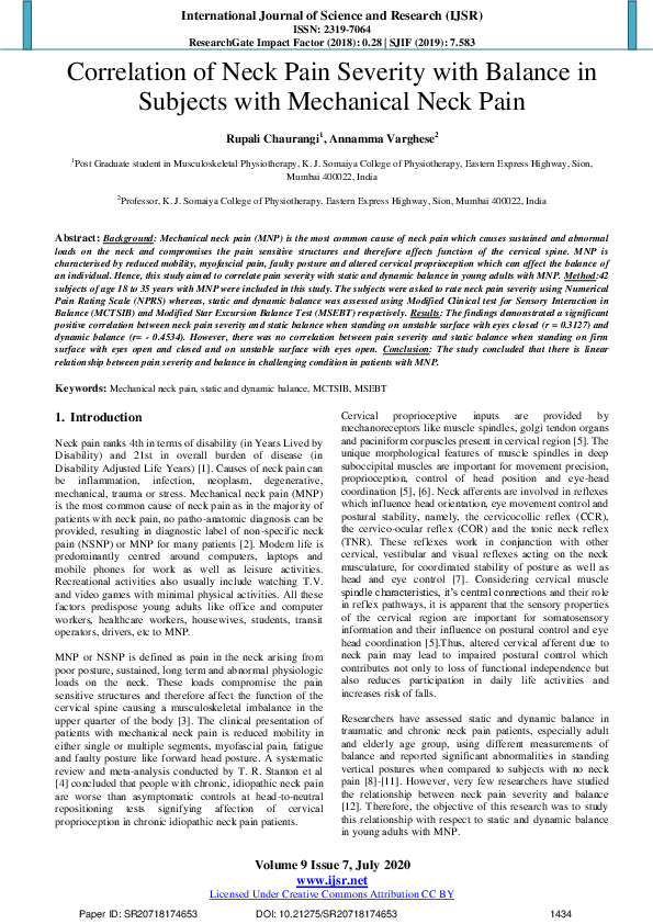 (PDF) Correlation of Neck Pain Severity with Balance in Subjects with ...
