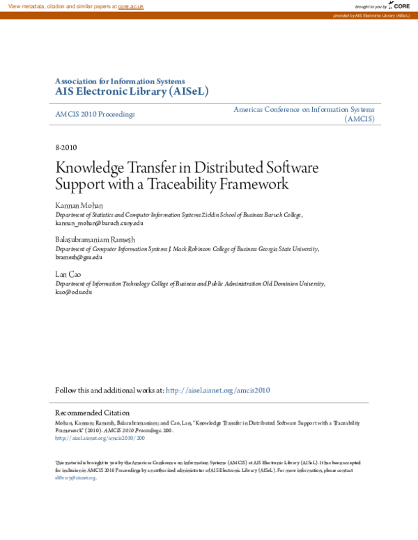 (PDF) Knowledge Transfer in Distributed Software Support with a ...