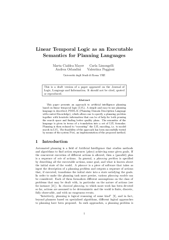 (PDF) Linear temporal logic as an executable semantics for planning languages